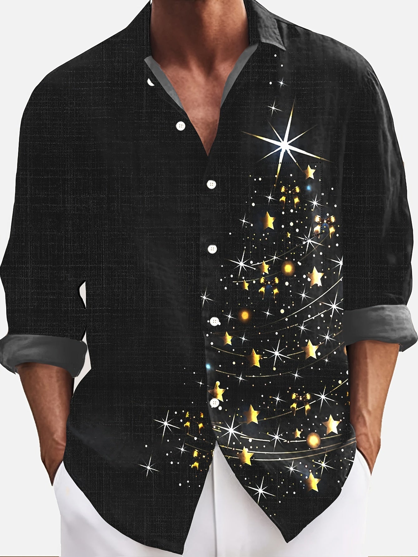 Heren Kerst Overhemd – Feestelijk Shirt met Glitter Boomprint